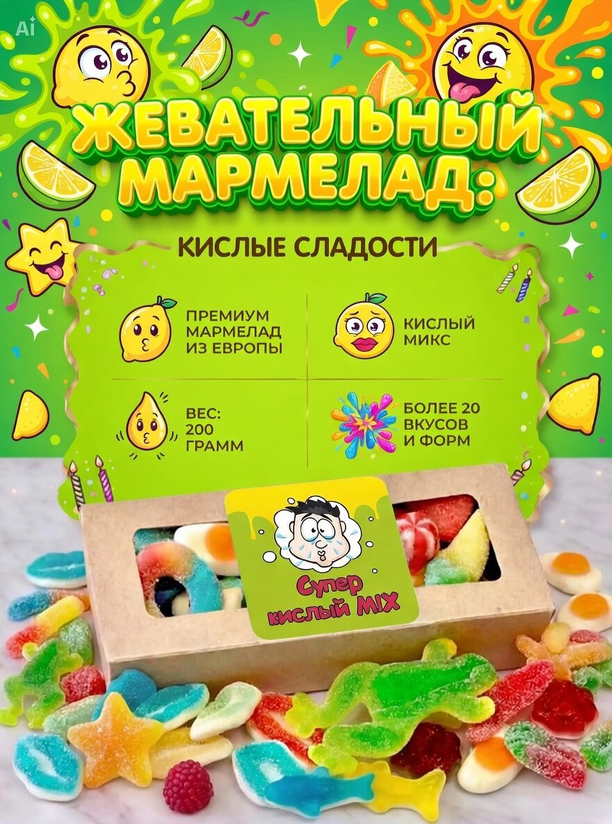 Мармелад жевательный набор кислый подарок мальчику девочке из Европы 200 гр