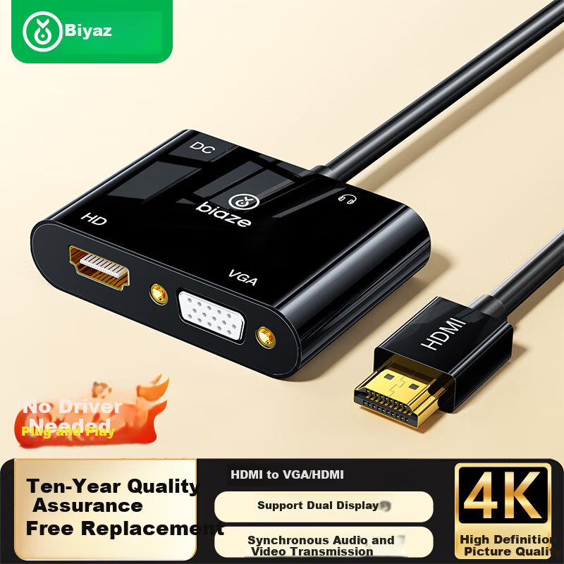 BIAZE HDMI двойной канал адаптер VGA + HDMI преобразователь кабель для ноутбука к телевизору монитору проектору