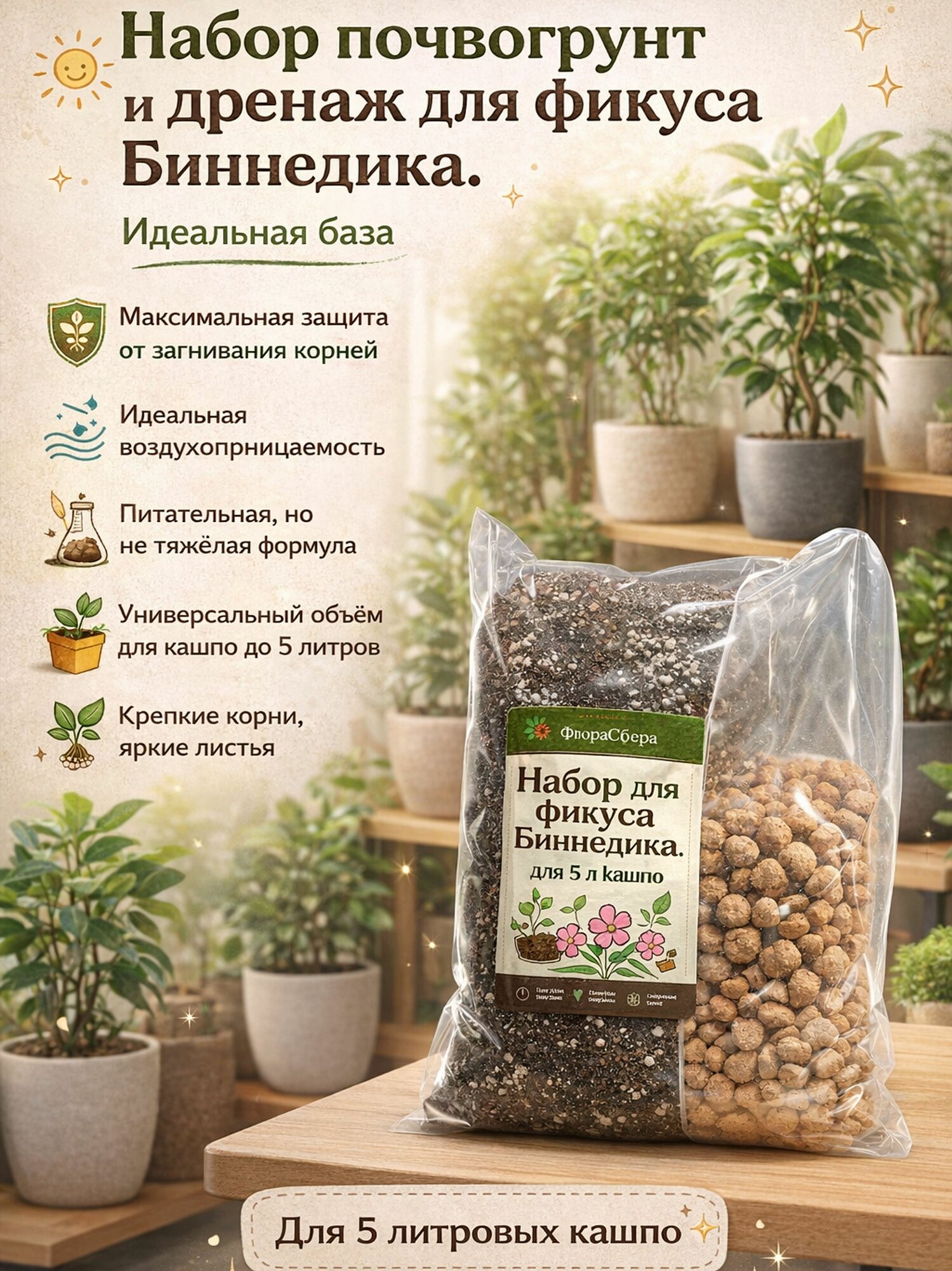 Набор почвогрунт и дренаж для фикуса Биннедика для 5л кашпо премиум