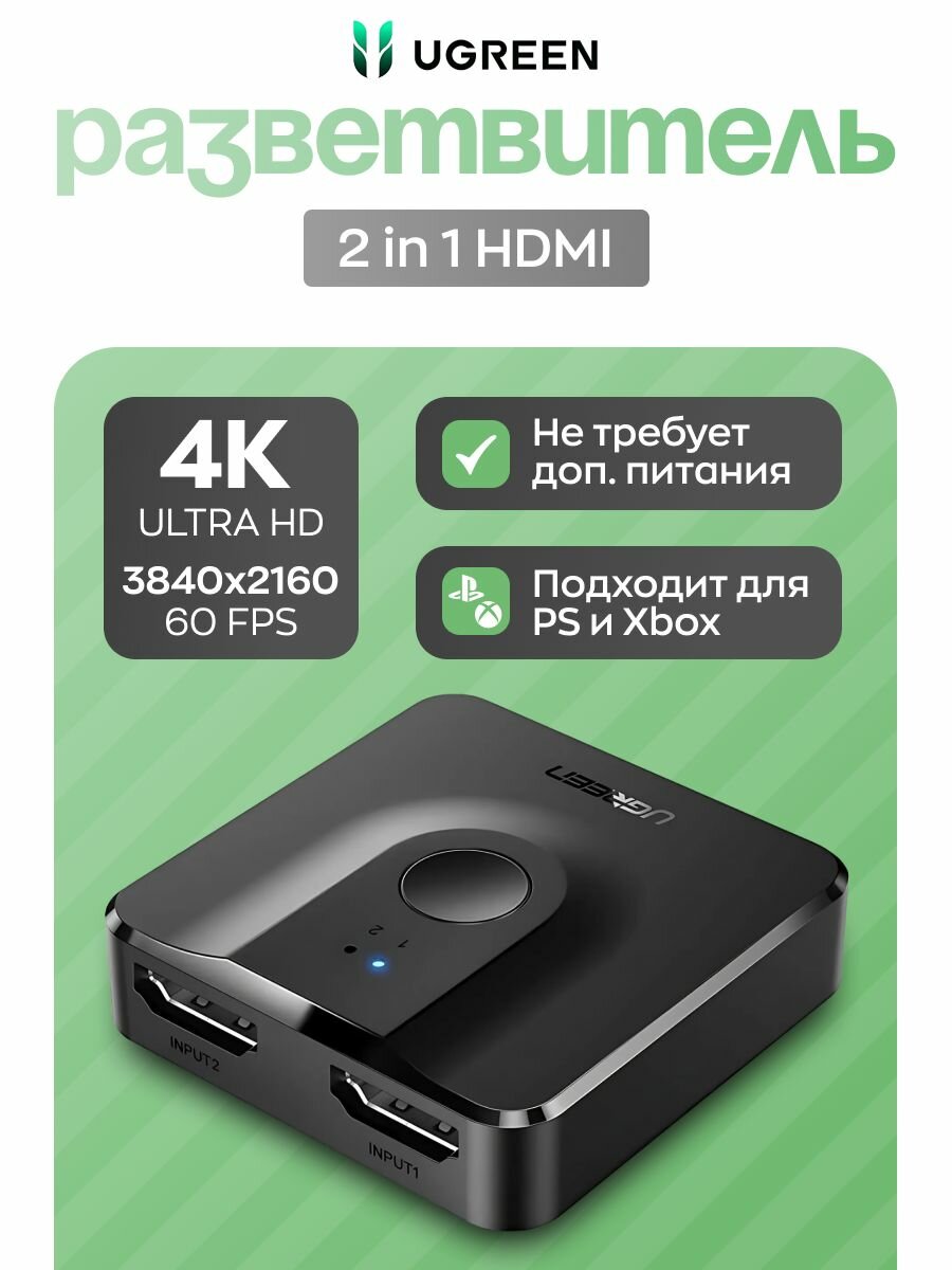 Разветвитель HDMI на 2 выхода 4К Ugreen CM217. HDMI переключатель. Сплиттер.