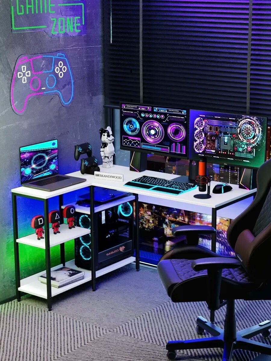 Угловой компьютерный стол с полками белый