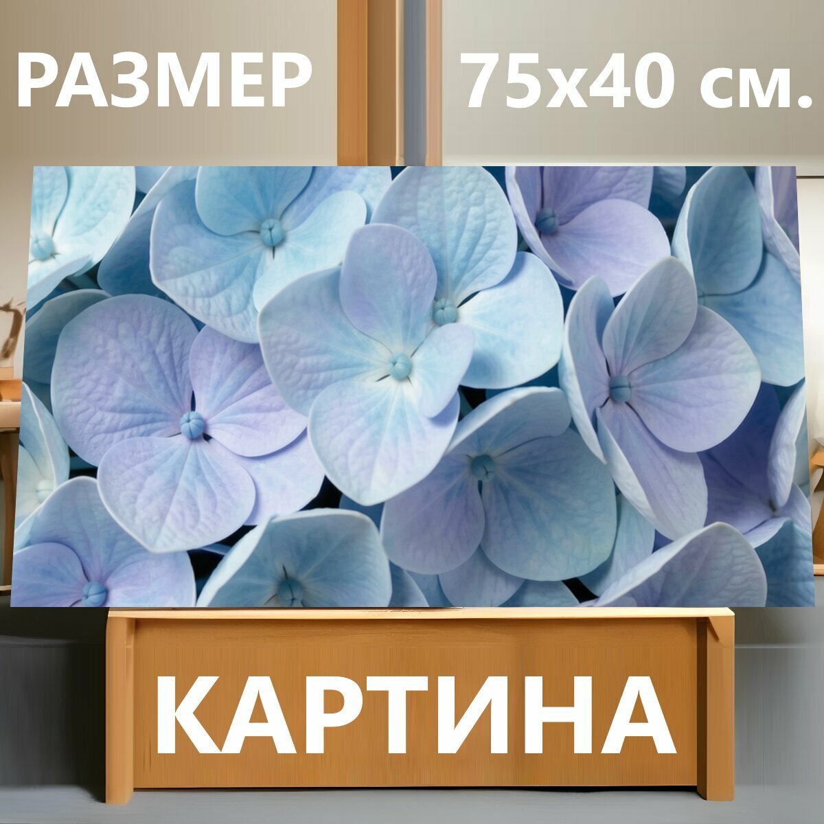 Картина на холсте "Нежные голубые гортензии. Плотная цветочная композиция в пастельной палитре: нежно-голубые и лавандовые лепестки, мягкий." на подрамнике 75х40 см. для интерьера