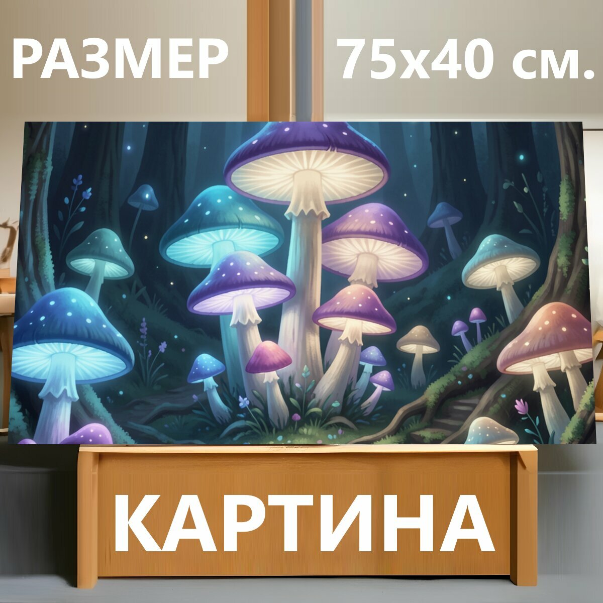 Картина на холсте "Светящиеся грибы в тёмном лесу. Волшебная лесная поляна с крупными биолюминесцентными грибами, мягким неоновым свечением." на подрамнике 75х40 см. для интерьера