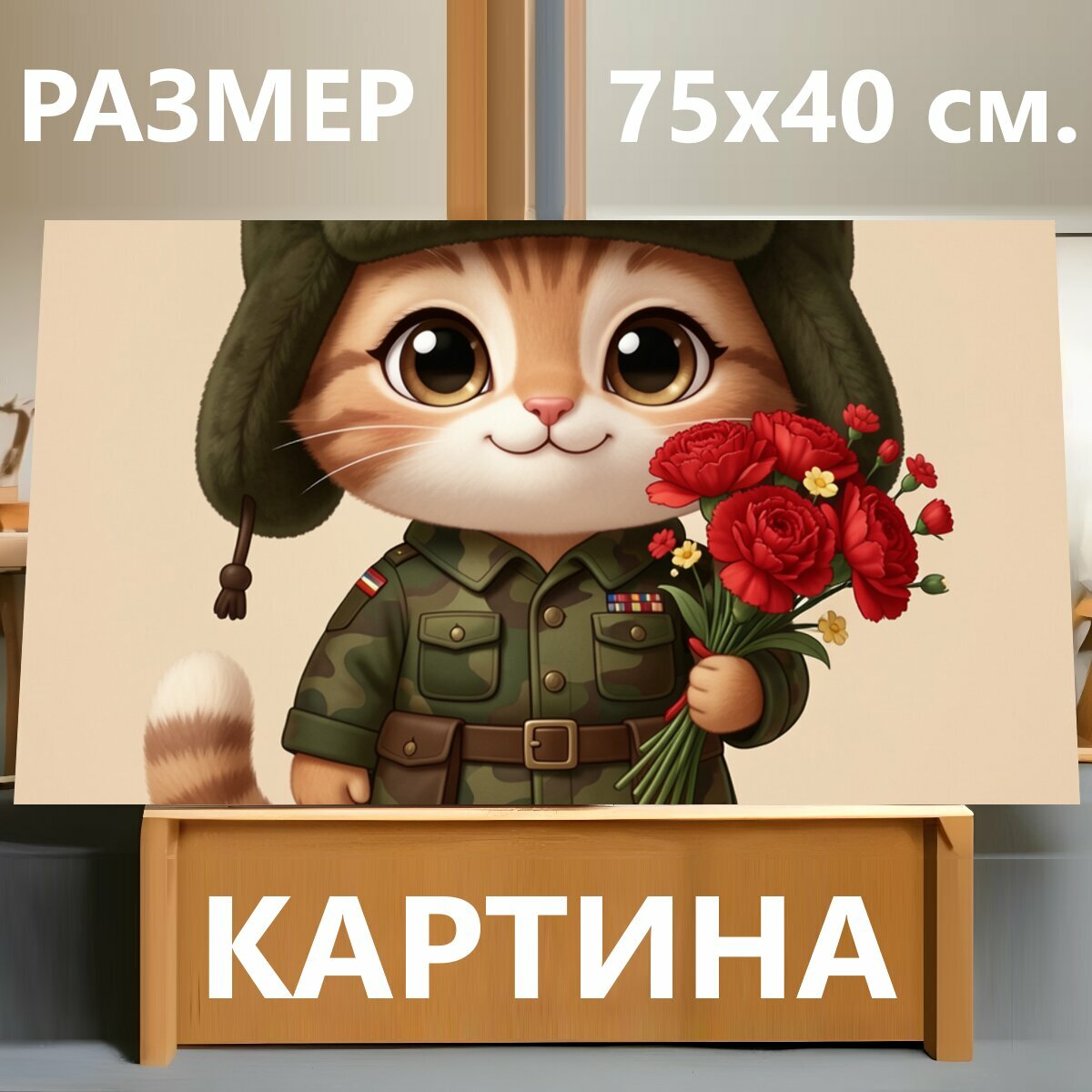 Картина на холсте "Кот в военной форме с цветами. Милый пушистый котёнок в камуфляжной форме и ушанке со звездой, с букетом красных гвоздик." на подрамнике 75х40 см. для интерьера