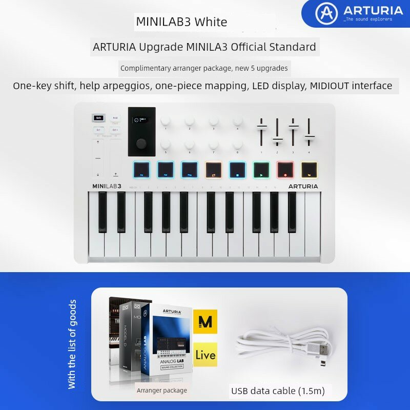 Arturia Minilab3 25-Клавишная USB-C MIDI Клавиатура с Пакетом Программ для Музыки, Белый