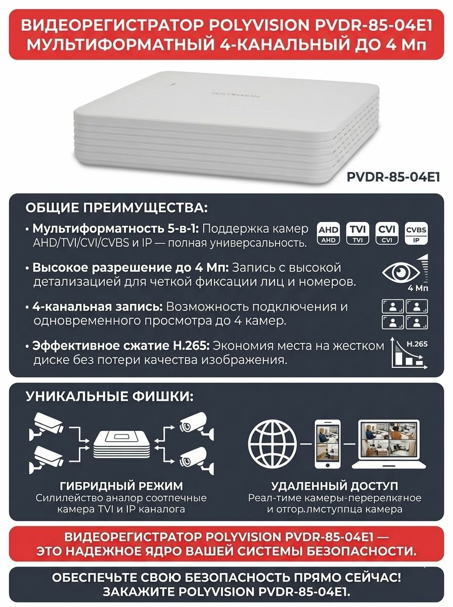 Видеорегистратор PVDR-85-04E1 POLYVISION мультиформатный 4-канальный гибридный 4 Мп