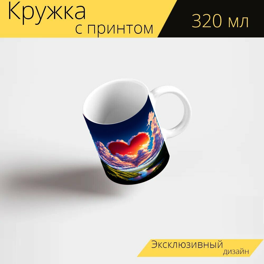 Кружка с рисунком, принтом "Сердце из облаков, парящее высоко в небе. облака принимают разные формы, отражая чувства и эмоции, плавно сливаясь друг с другом. яркие." 320 мл.
