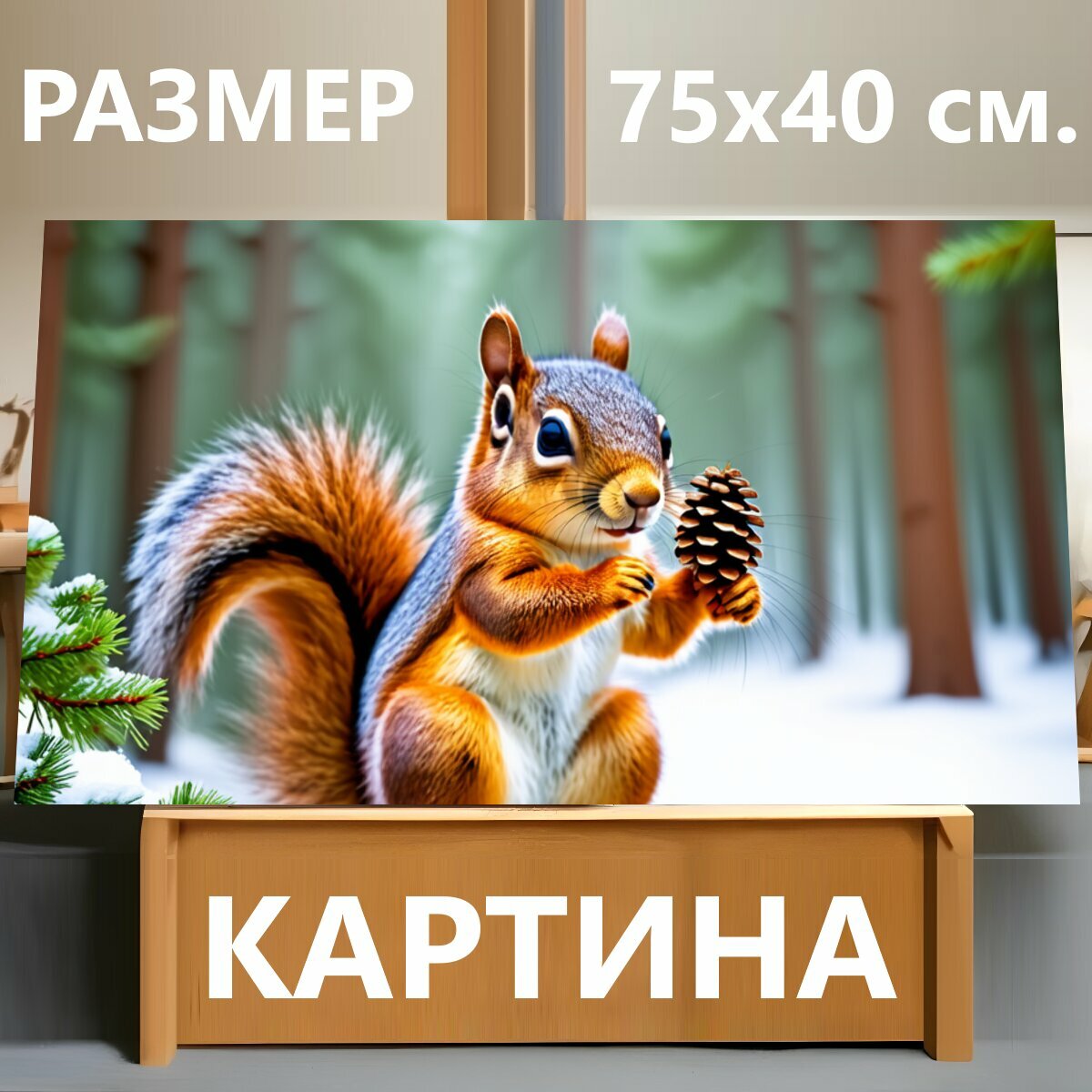 Картина на холсте "Белка, сидящая на заснеженной ветке сосны, держит в лапках еловую шишку, светлый зимний лес на заднем плане, мягкий." на подрамнике 75х40 см. для интерьера