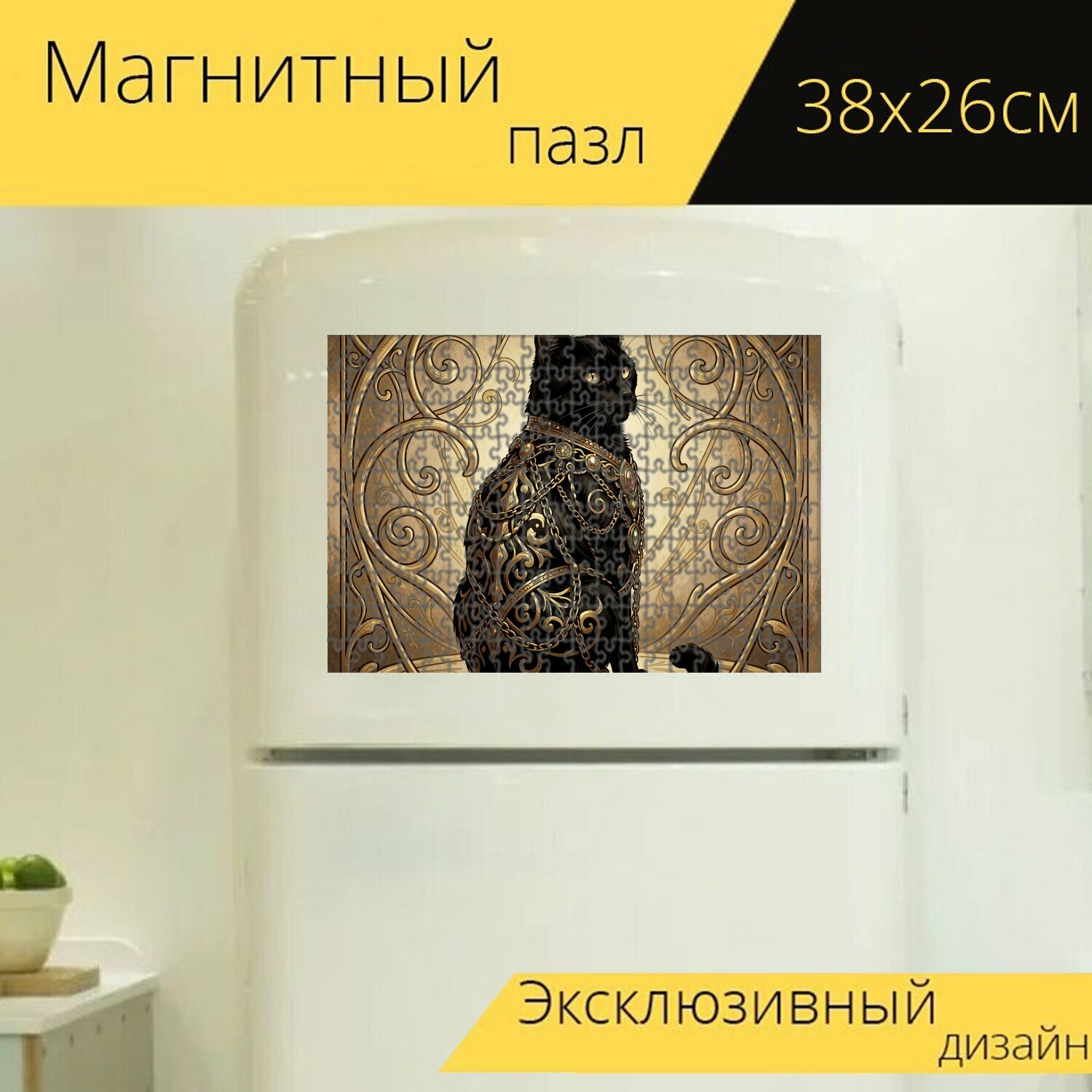 Магнитный пазл "Черный кот в золотом убранстве. Элегантный черный кот в роскошных декоративных цепях и орнаментах, викторианский фэнтези-стиль." для интерьера, 38х26 см.