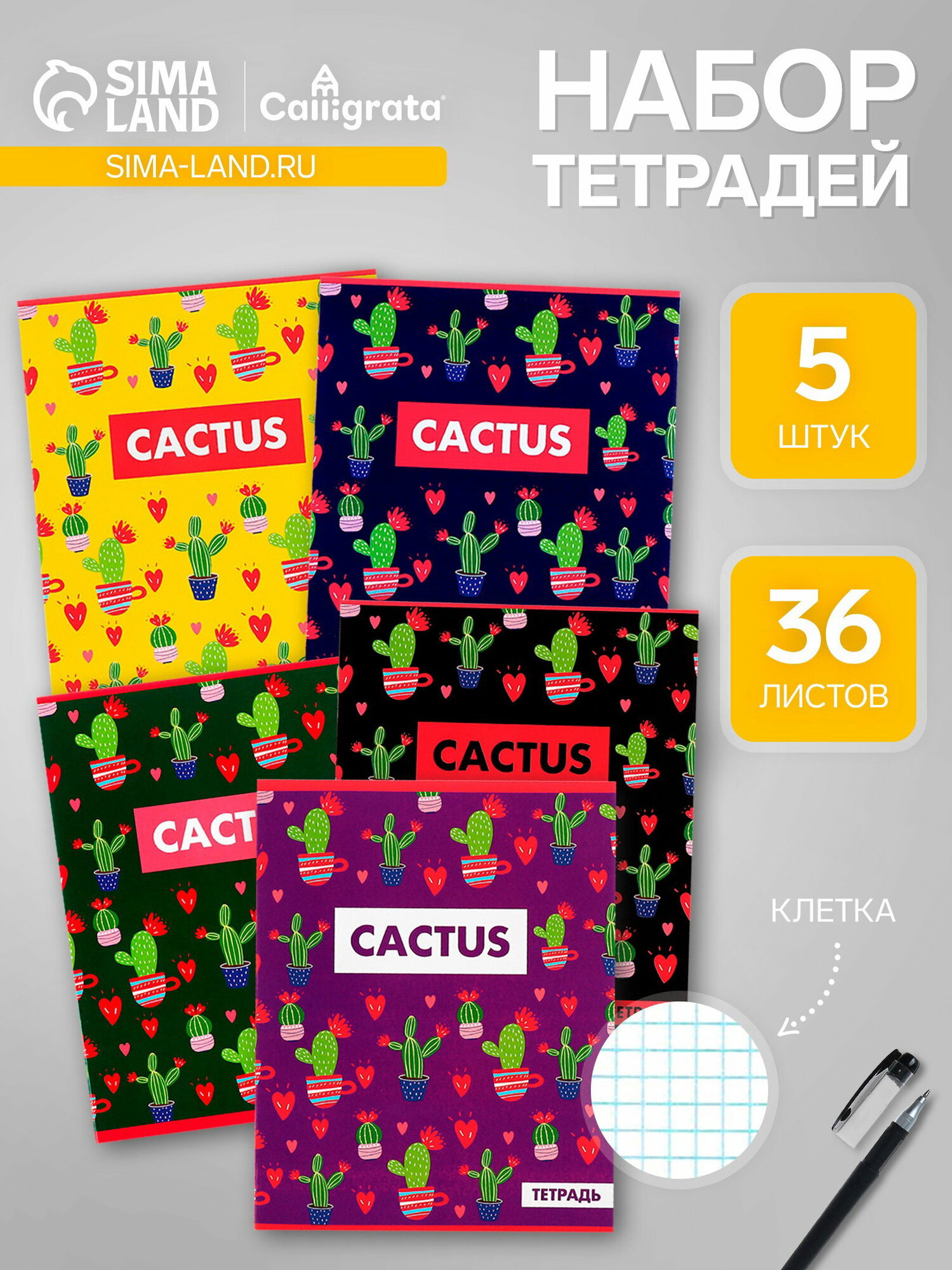 Набор тетрадей 36 листов в клетку, "Кактус", 5 штук, тематика: надписи, цифры, буквы