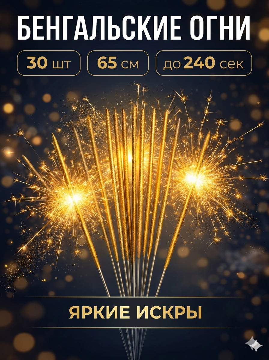 Бенгальский огонь декорированный золотом длина 65 см 240 сек