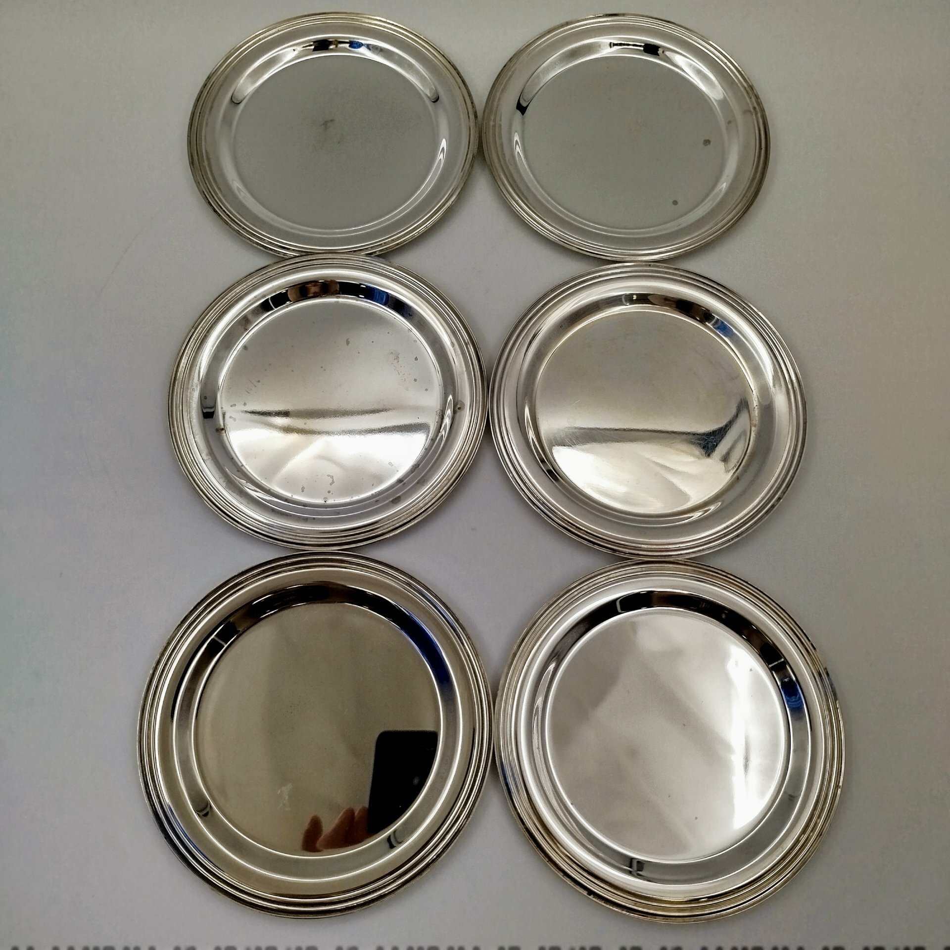 Набор из шести блюдец (розеток) с лаконичным декором, металл, серебрение, Европа