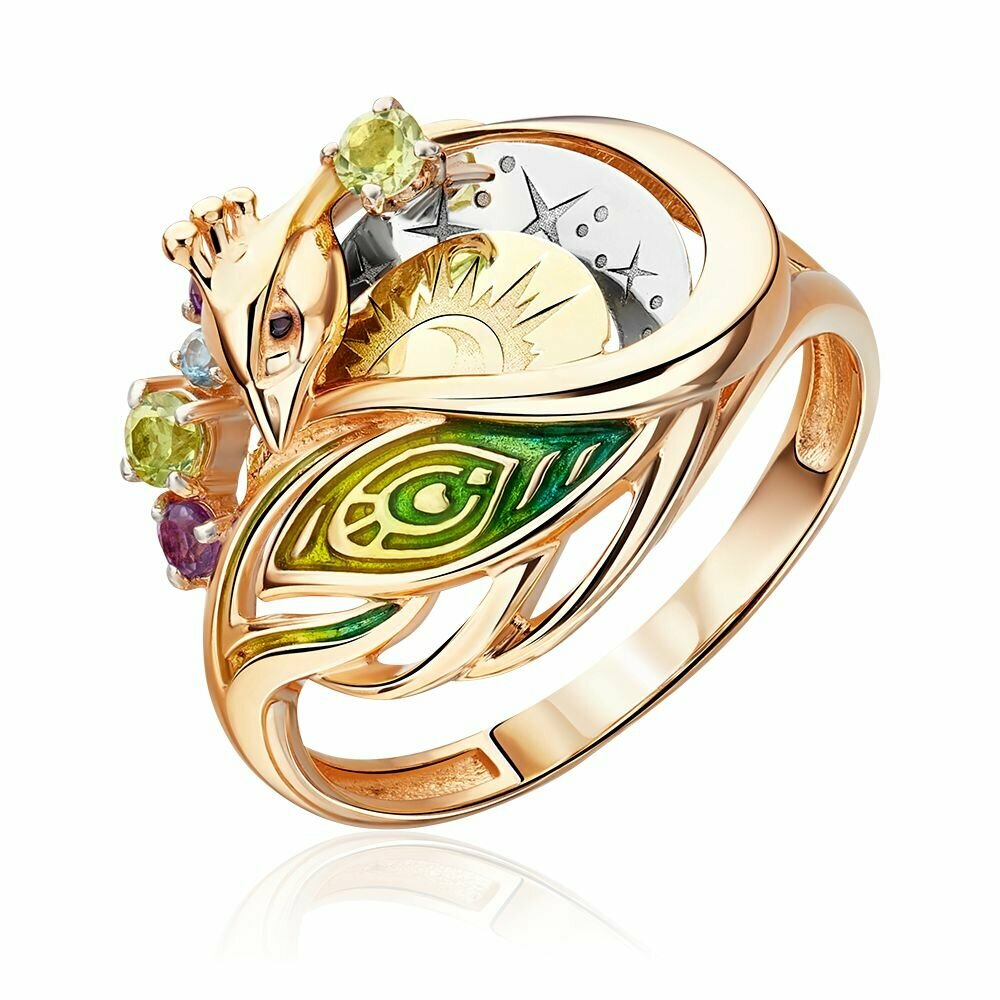 Кольцо, комбинированное золото, 585 проба, родирование, эмаль, топаз, аметист, хризолит