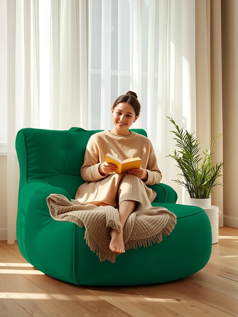 Современное кресло для отдыха aLounge - Tranquility Armchair - Forest Green (велюр, темно-зеленый) - бескаркасная мягкая мебель в гостиную, спальню, зону ожидания