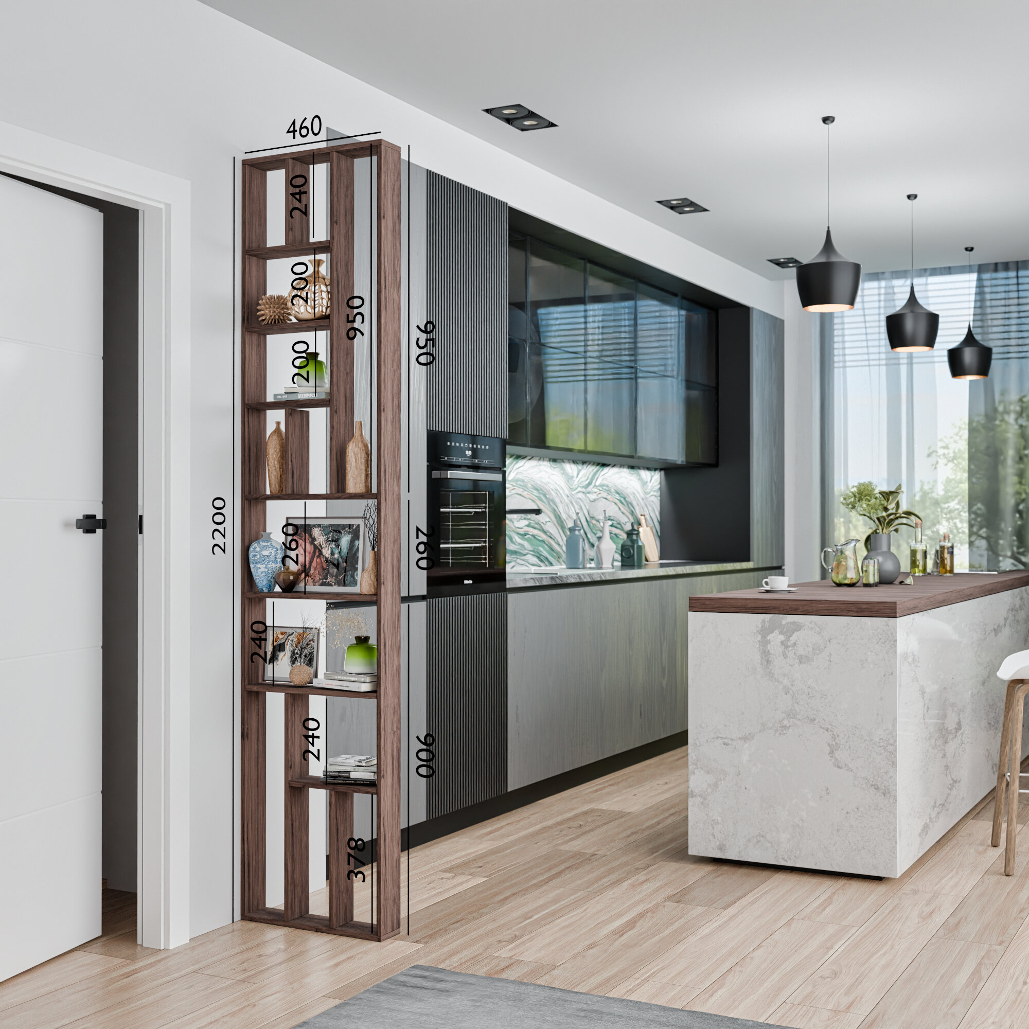 Реечная перегородка с полками для зонирования 460 мм, Дуб Катания