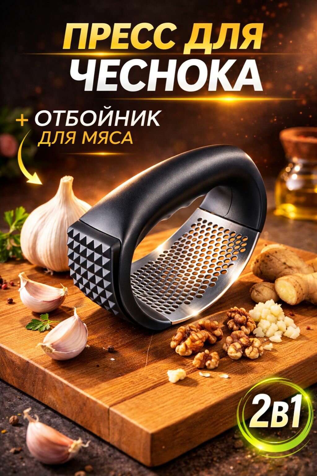 Пресс для чеснока, чеснокодавилка 2 в 1 с отбойником для мяса