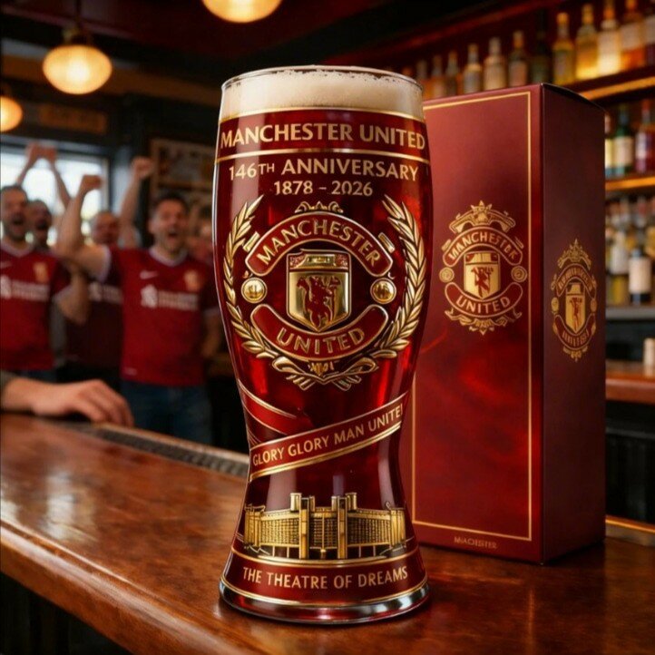 Стеклянный пивной бокал, Футбольный юбилей, Manchester United, Пинтовый стаканчик, Цветное стекло