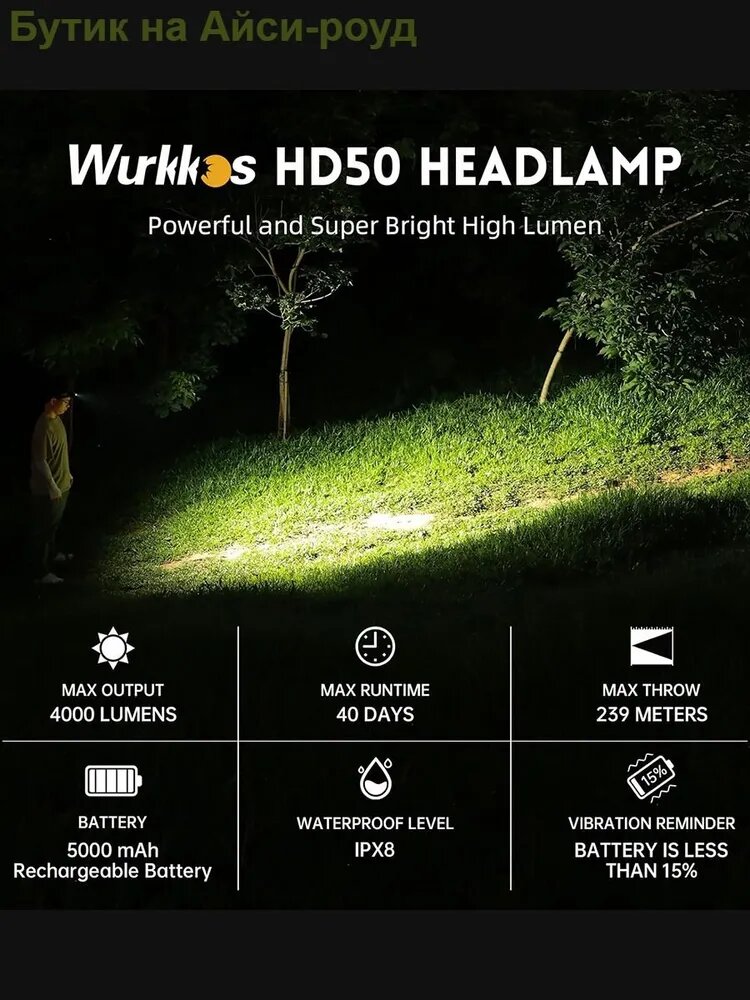 Фонарь-прожектор Wurkkos HD50, 4000 Лм, 40 Вт, 300 м, IP67, 6 режимов, черный, алюминий, 21700 — фото 1
