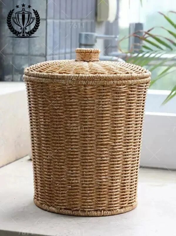 Корзина для белья из ротанга с крышкой, круглая, коричневая, 23x23x28 см — фото 1