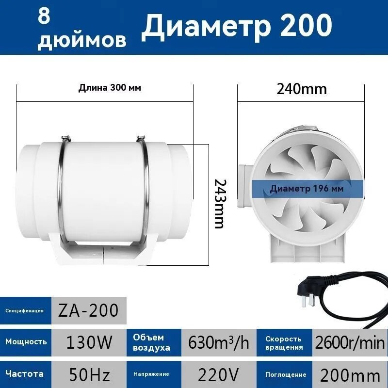 Канальный вытяжной вентилятор, D200