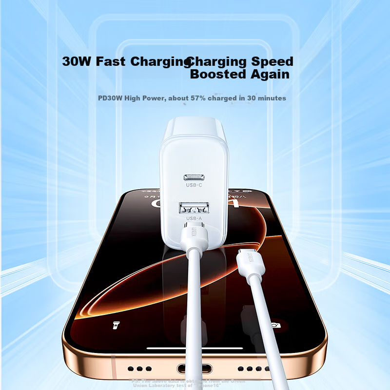 UGREEN GaN 30Вт двухпортовый быстрый зарядный комплект для iPhone 15/16/17 и iPad с Type-C кабелем Цвет：Набор быстрой