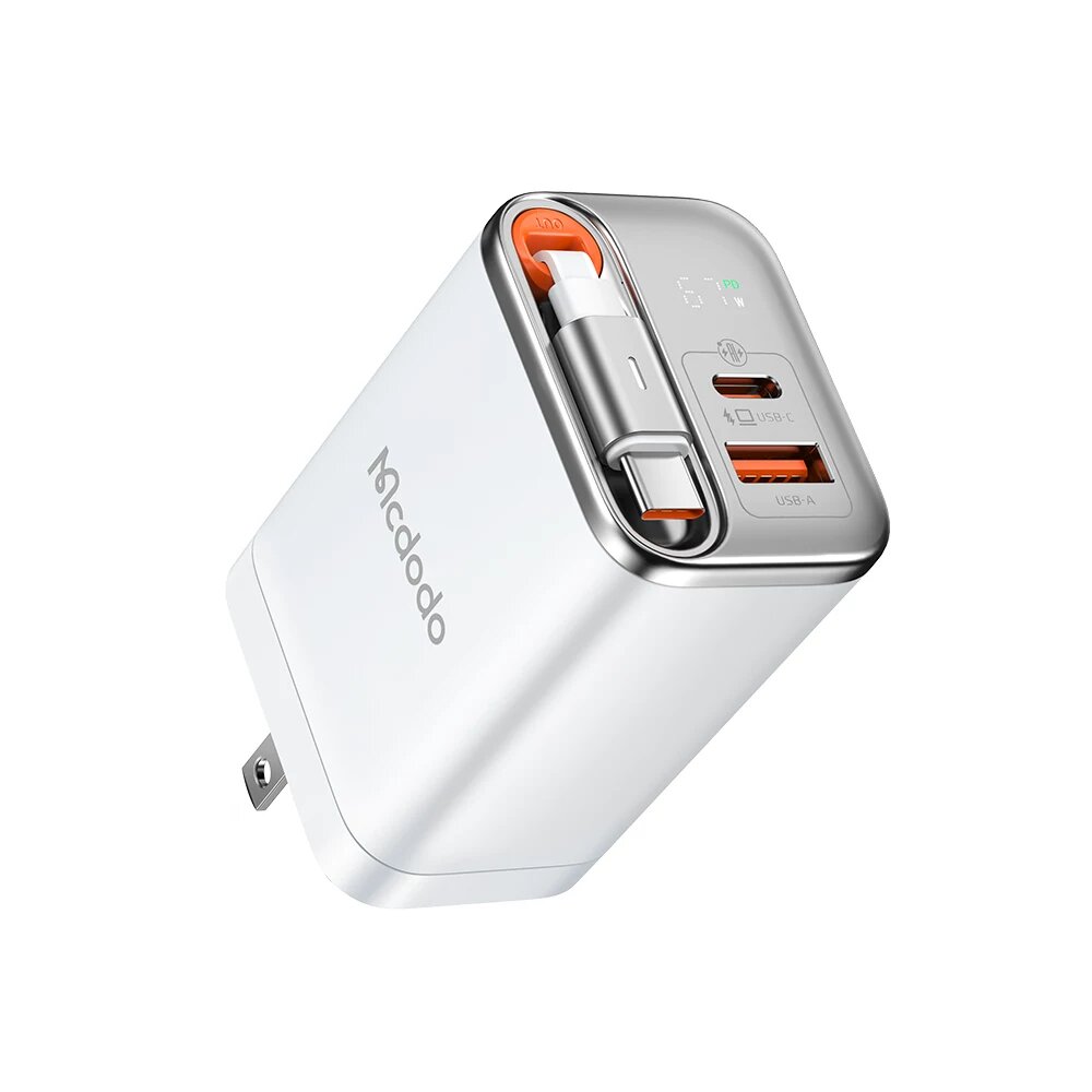 67 Вт GaN USB-C адаптер с выдвижным кабелем для MacBook, iPad, Samsung - розетка US (белый)