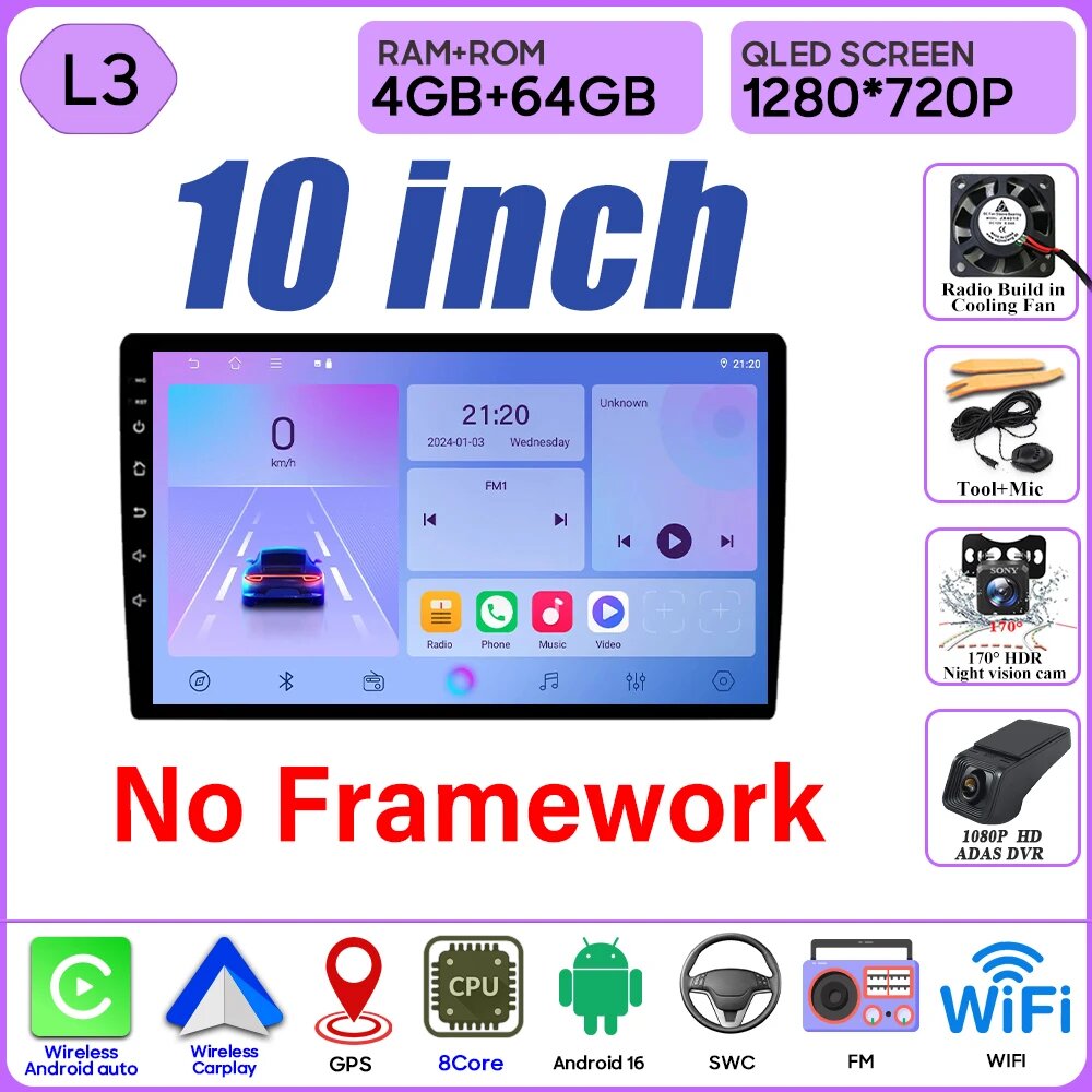 10" Android 16 автомагнитола QLED 1280*720, 4G 64G, DVR, CarPlay, GPS