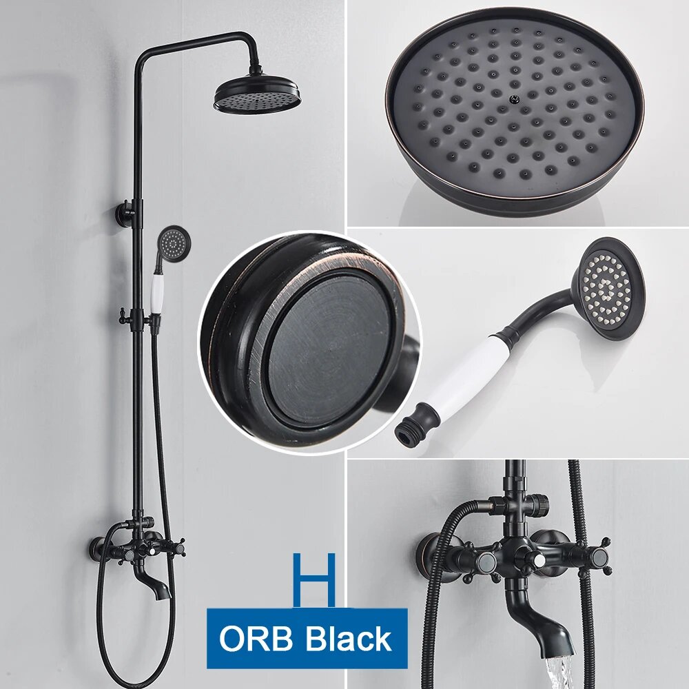 POIQIHY ORB Черный душевой кран для ванной комнаты в стену 8" Дождевый душ из латуня Комплект для душа Кран смеситель Водопроводной кран для ванны Комплект для душа Двух ручек-ORB Black H gg