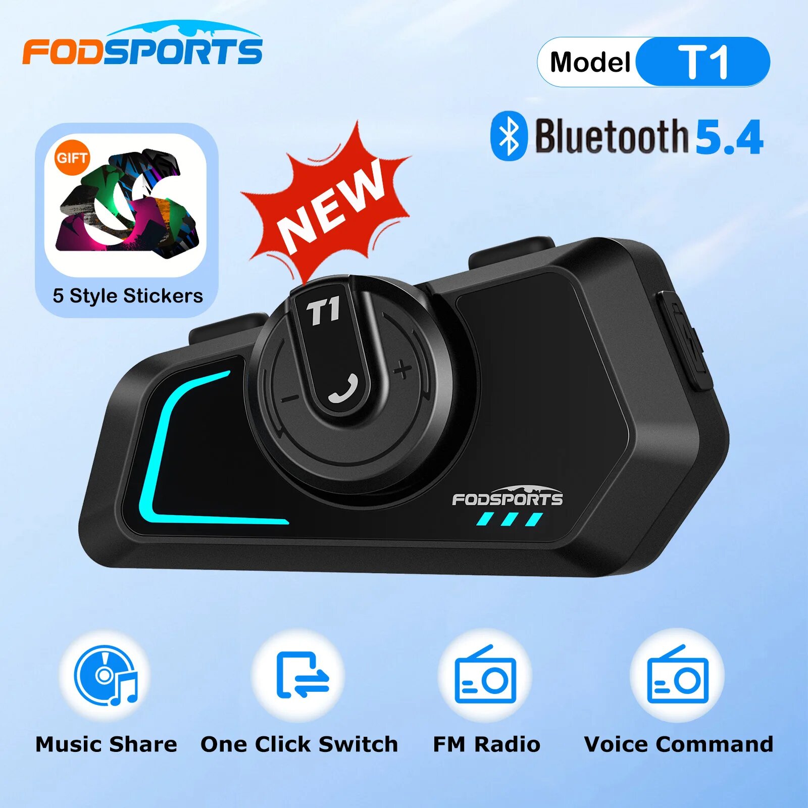 Новая гарнитура для шлема Fodsports T1 BT5.4, мотоциклетный домофон, Bluetooth-колонки, мото-домофон, 1000 м, музыкальное разрешение, FM-радио