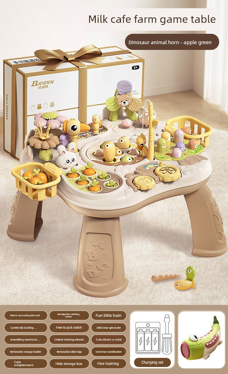 Многофункциональный игровой стол фермы Baby Cafe с зарядкой + музыкальный рожок-динозавр в яблочно-зеленом цвете для