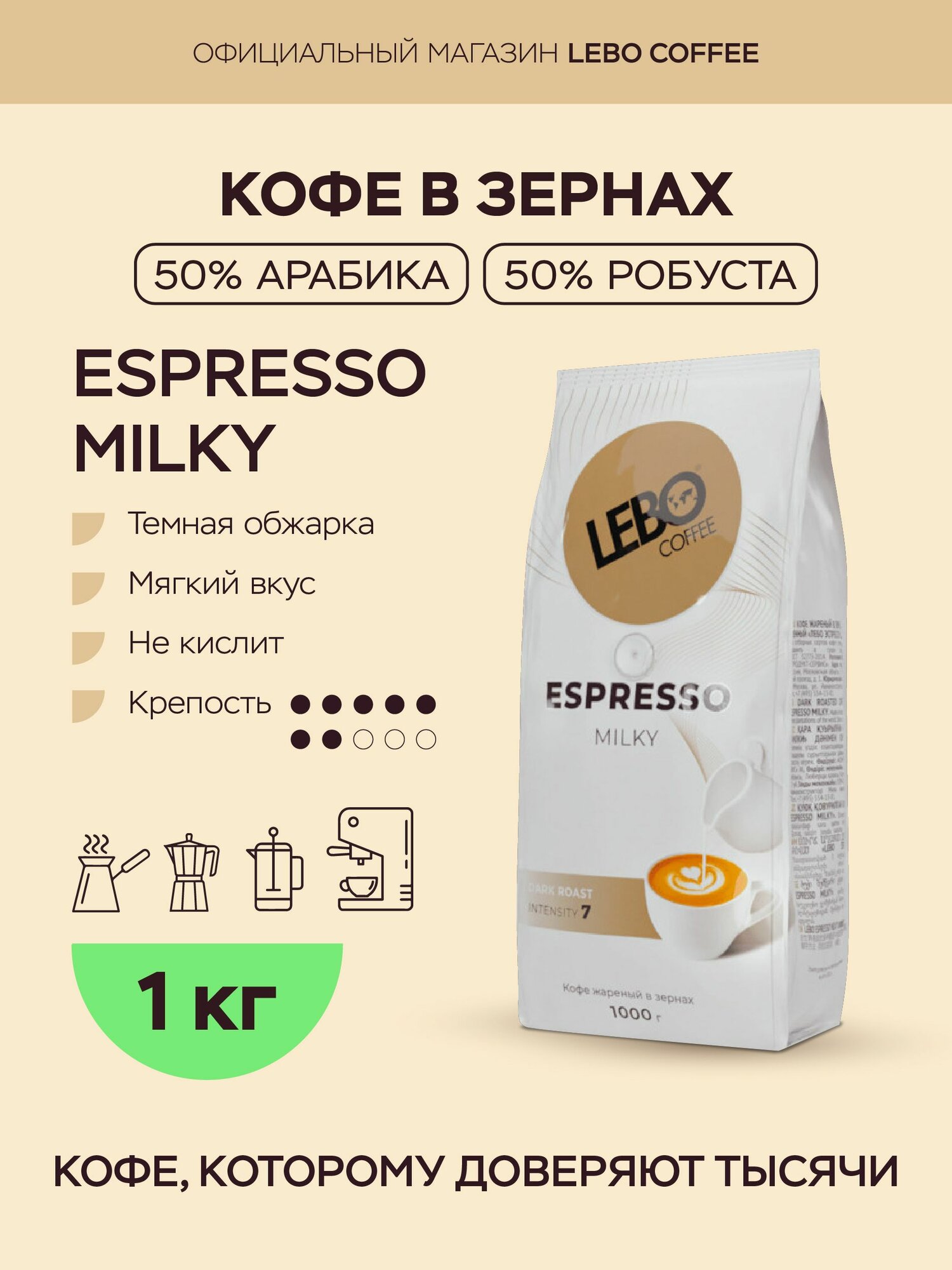 Кофе в зернах 1 кг Lebo ESPRESSO MILKY, арабика 50%, робуста 50%