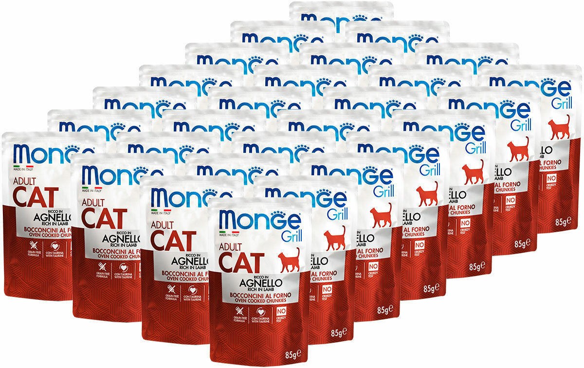 Корм влажный Monge Grill Pouch Adult Cat для взрослых кошек с ягненком пауч, 85 г 28 шт