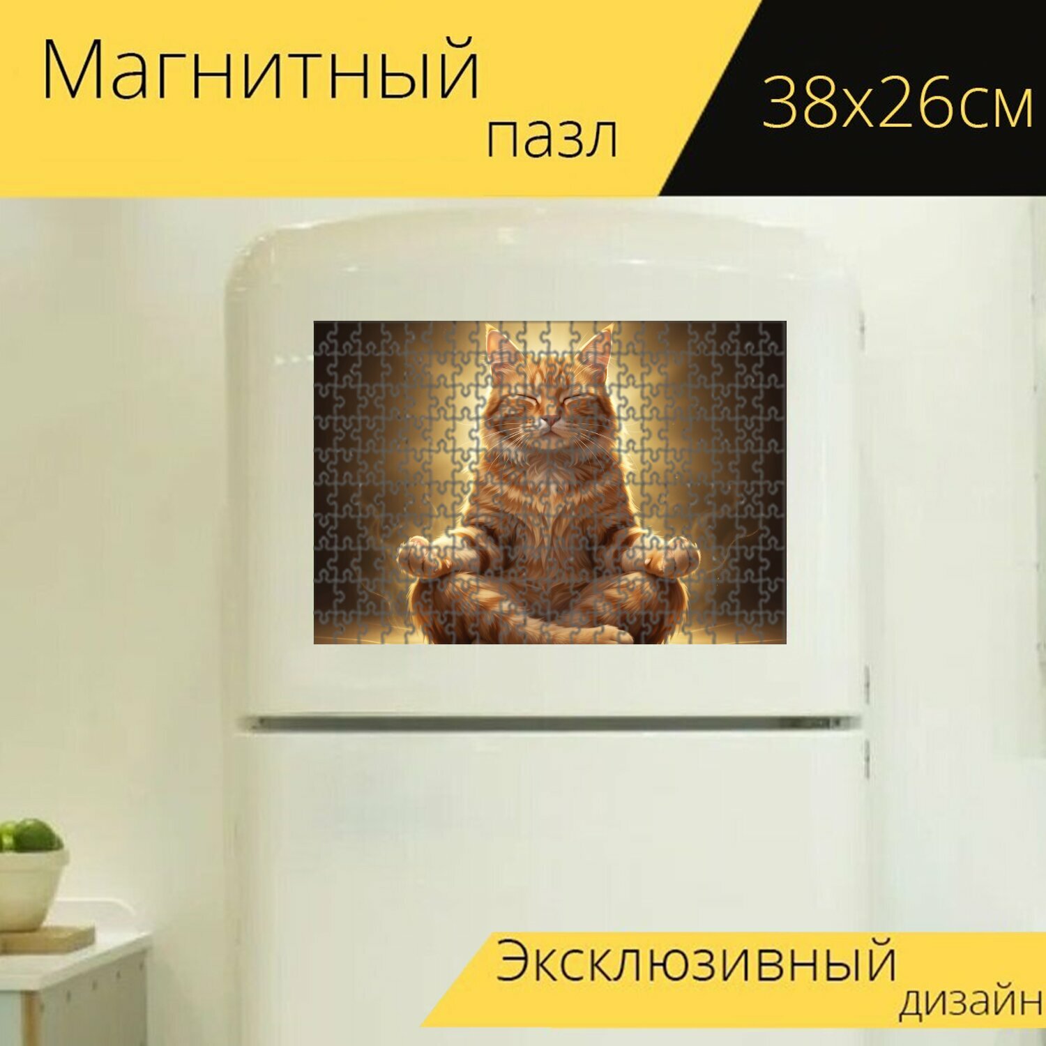 Магнитный пазл "Медитирующий рыжий кот. Рыжий пушистый питомец сидит в позе дзен с закрытыми глазами, окружён тёплым золотым свечением. Мягкий цифровой арт." для интерьера, 38х26 см.
