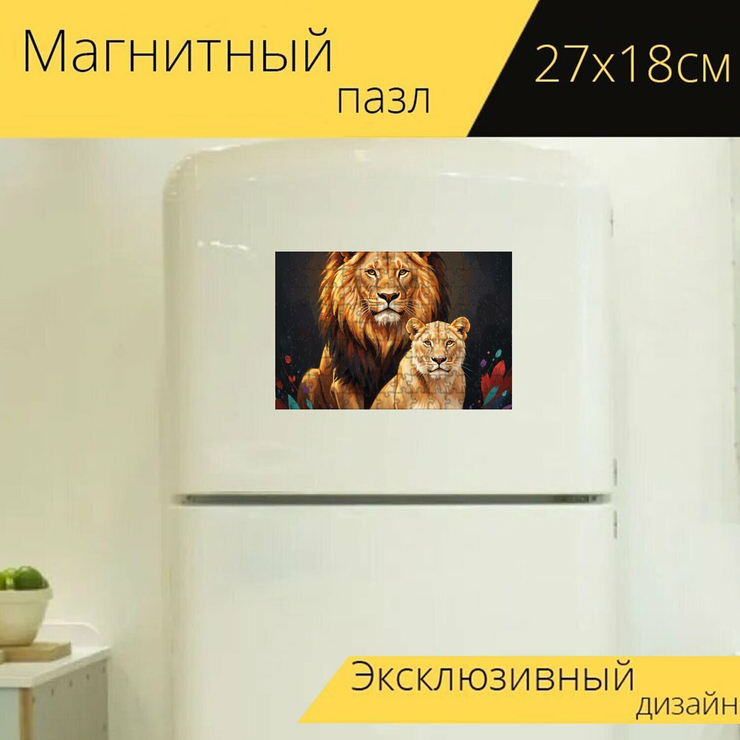 Магнитный пазл "Львы на темном фоне. Величественная пара африканских хищников в живописной цифровой манере: золотисто-рыжая грива, мягкая палитра, яркие." на холодильник 27 x 18 см.