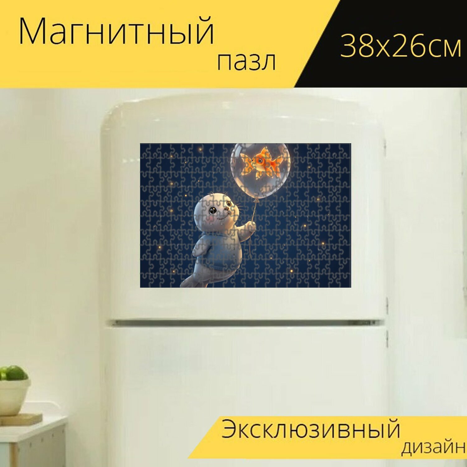 Магнитный пазл "Милый тюлень с рыбкой в шаре. Нежный 3D-арт: белый морской зверёк в голубом свитере держит прозрачный воздушный шар с золотой рыбкой." для интерьера, 38х26 см.