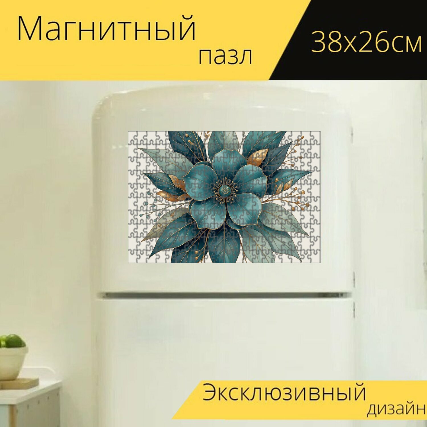 Магнитный пазл "Бирюзовый цветок с золотыми листьями. Элегантная флористическая композиция с крупным центральным цветком, многослойными лепестками и." для интерьера, 38х26 см.