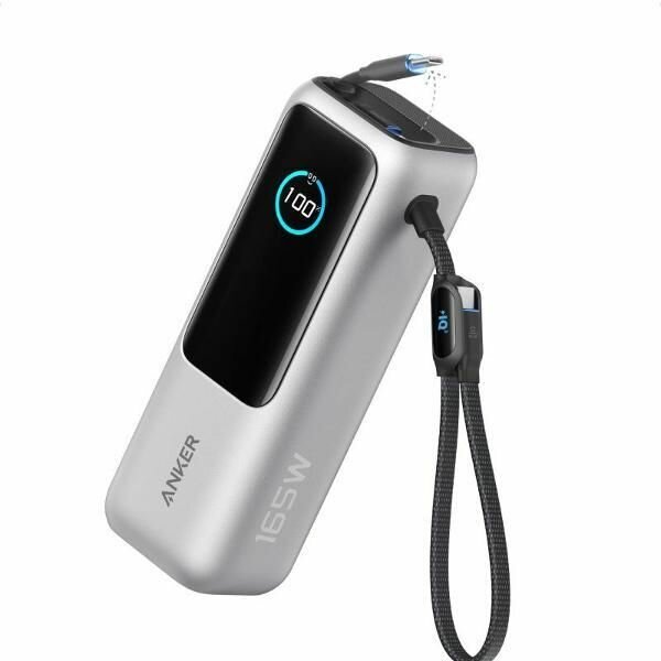 Внешний аккумулятор Anker 25K Mah 165W встроенный USB-C и выдвижной кабель, серебристый