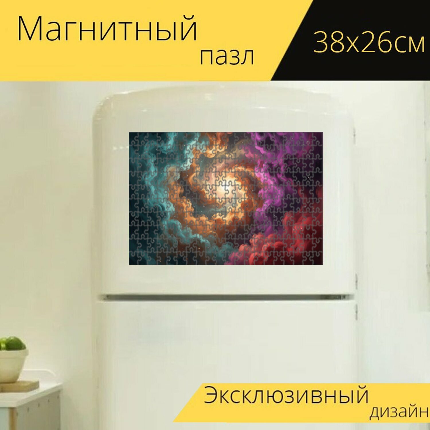 Магнитный пазл "Космический вихрь света и цвета. Абстрактная вселенная с сияющим центром, закрученными разноцветными облаками, мягким свечением и звёздным." для интерьера, 38х26 см.