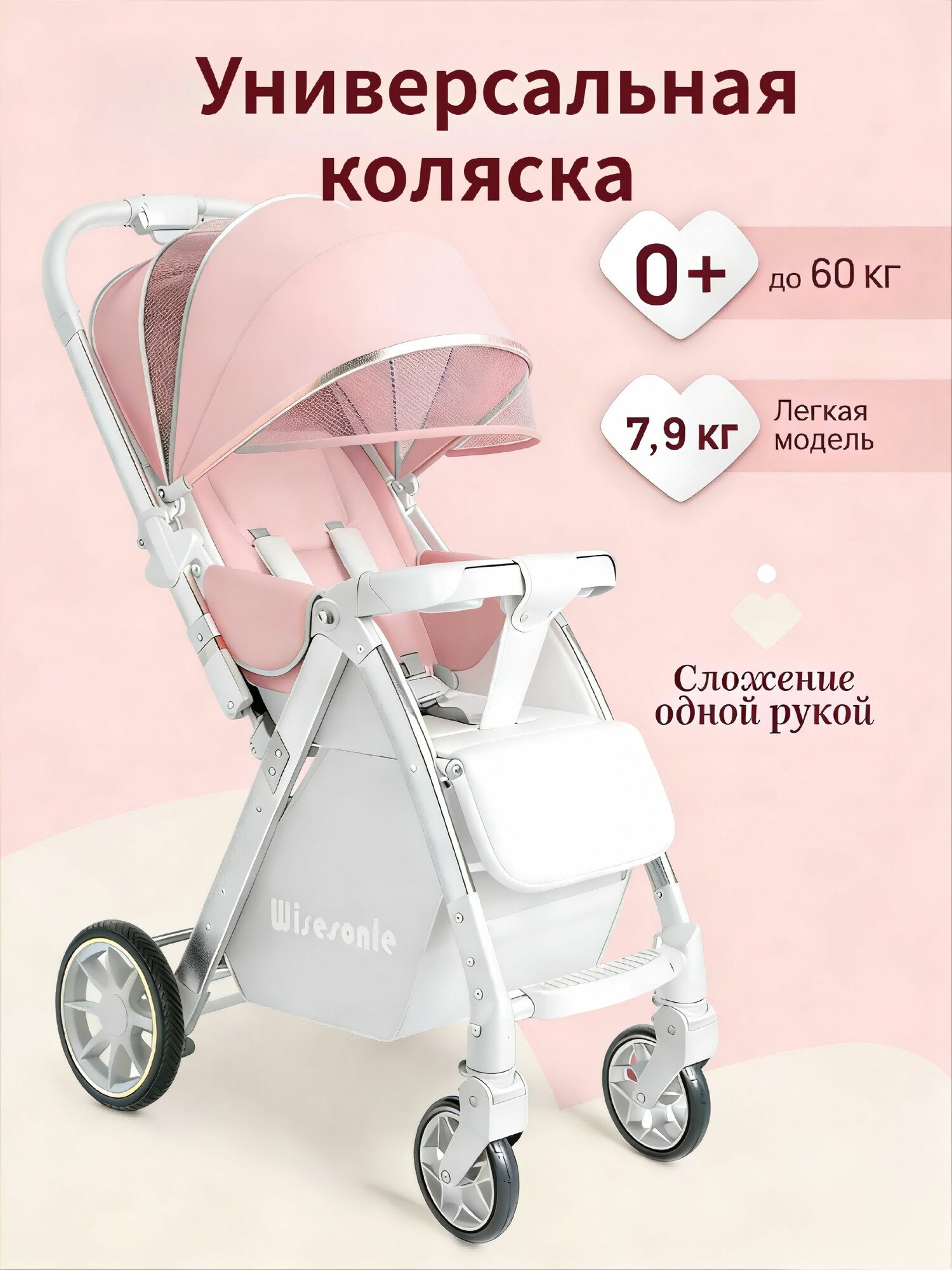 Универсальная коляска 2 в 1 с большими колесами и двойной защитой для новорожденных, легкий механизм складывания, 5 уровней наклона, идеальна прогулок с малышом!