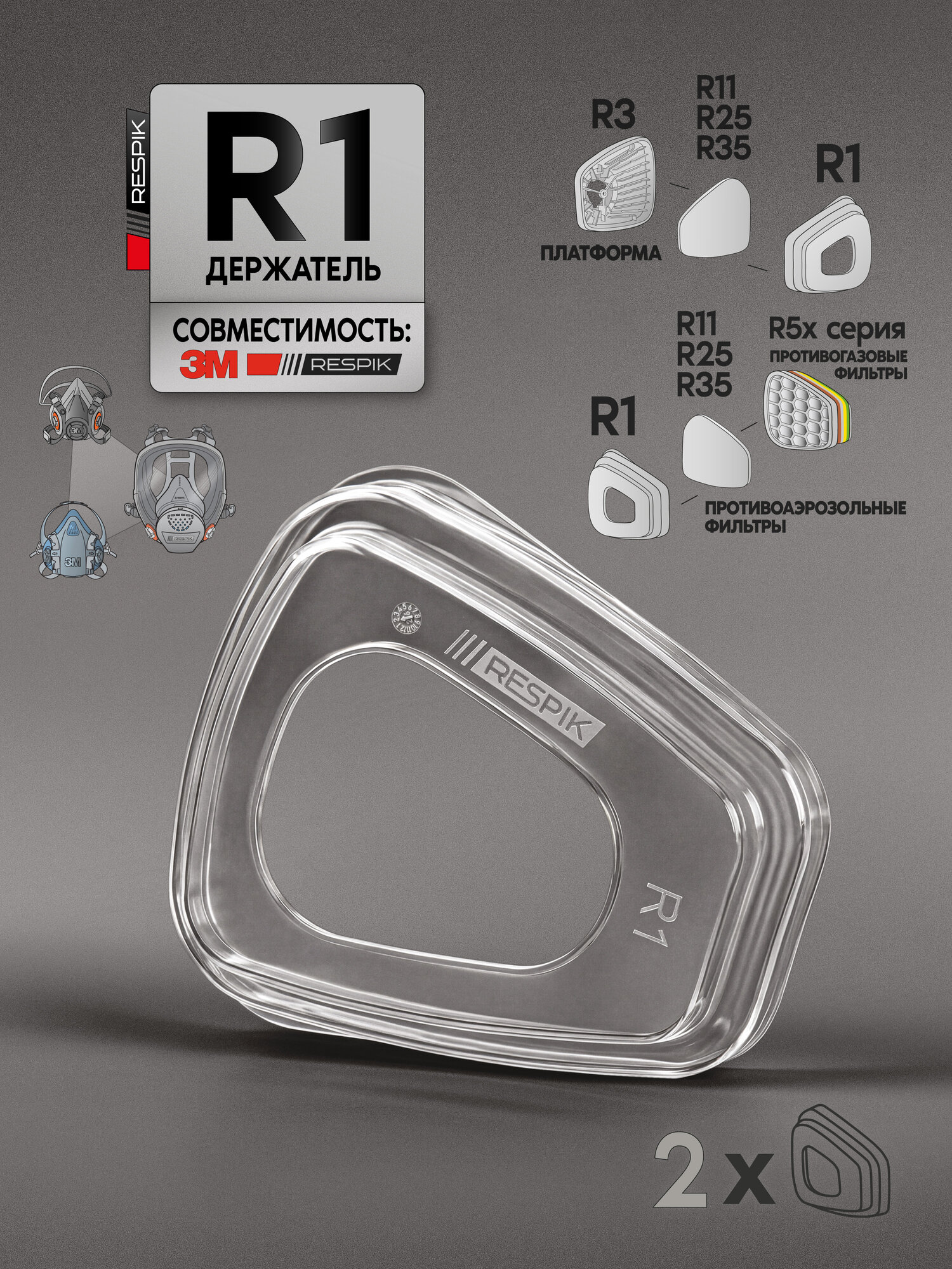 Держатель RESPIK® R1 (аналогичен 3М™ 501) для закрепления предфильтров 3М 5911 , 5925 и 5935 на угольных фильтрах 3М и RESPIK , 2 шт. ( 1 пара )