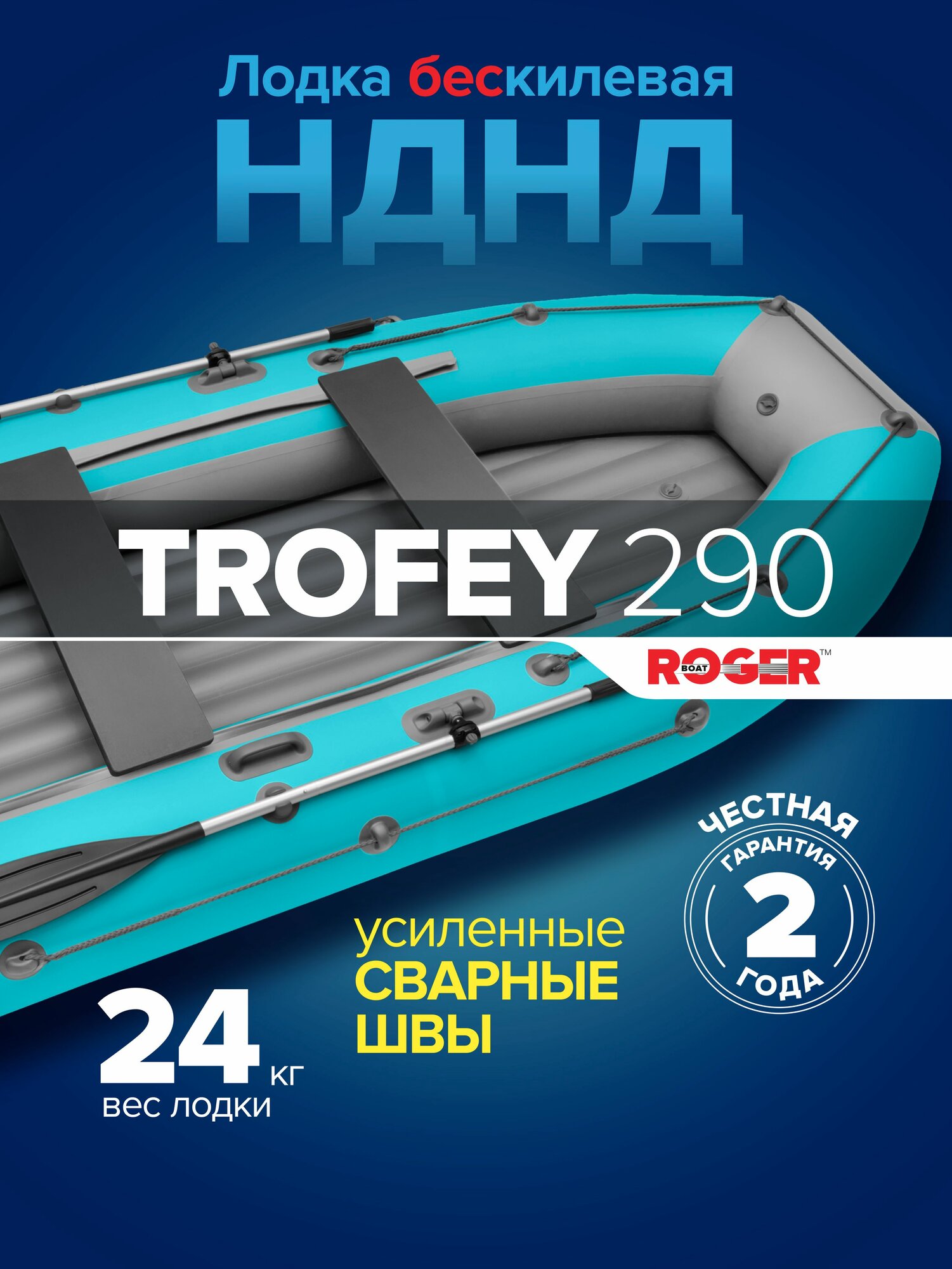 Лодка ПВХ под мотор НДНД ROGER Trofey 290, лодка надувная для рыбалки роджер (бирюзовый-серый)