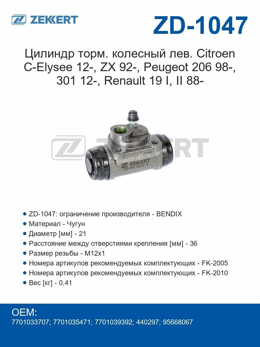 Zekkert Цилиндр тормозной колесный левый Citroen C-Elysee 12-, ZX 92-, Peugeot 206 98-, 301 12-, Renault 19 I, II 88-