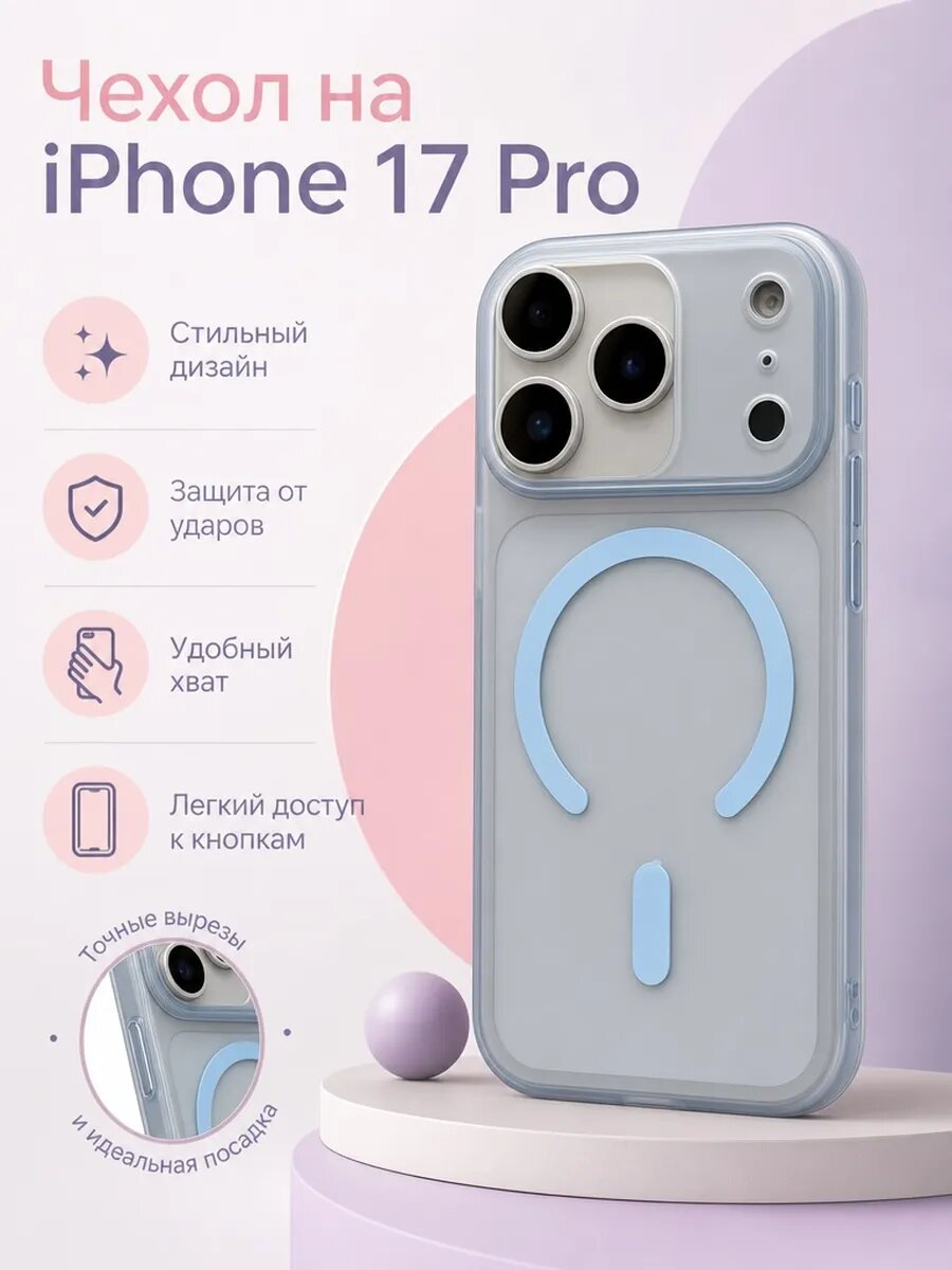 Чехол на Iphone 17 Pro, цвет голубой, поддержка беспроводной зарядки.
