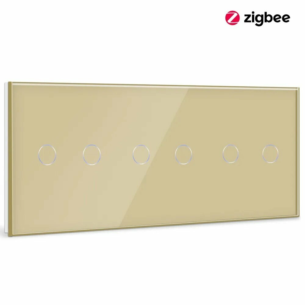 Сенсорный выключатель 6 клавиши, умный Zigbee выключатель, 3 поста (2+2+2) , голосовое управление, панель стекло Золотой, 228mm