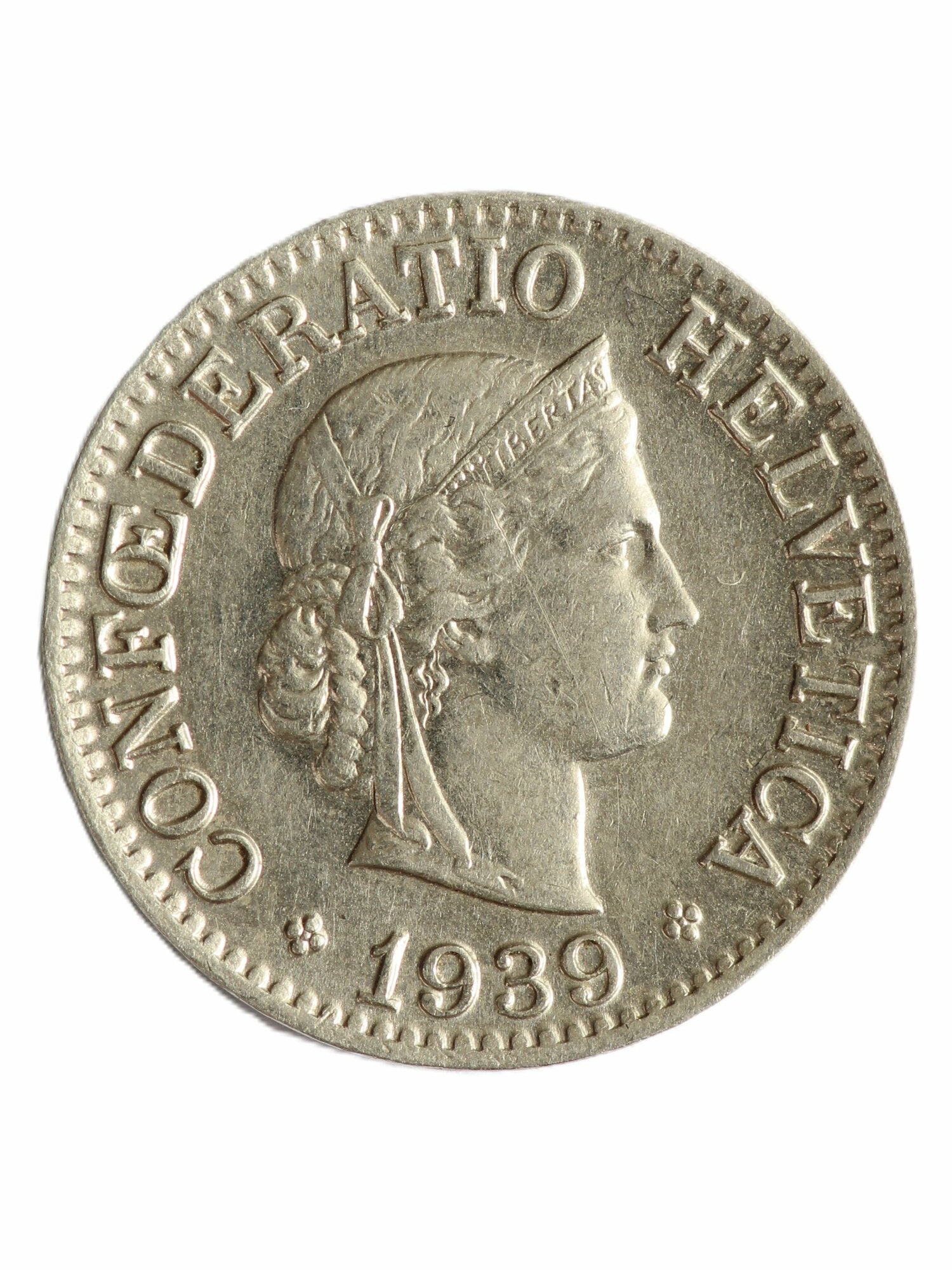 Подлинная монета 10 раппенов Швейцарии 1939 года