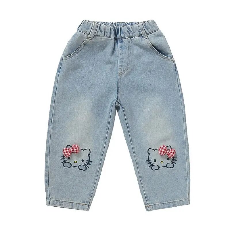 MINISO Модные повседневные джинсы прямого кроя с мультяшным рисунком Hello Kitty для девочек от 2 до 8 лет, идеально подходящие для весны и осени, Детский размер: 7-8T (размер 140)