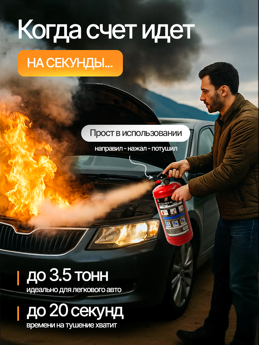 Огнетушитель порошковый ОП-2(з) (В, С, Е), 2л AtlasWeld, для авто — фото 1