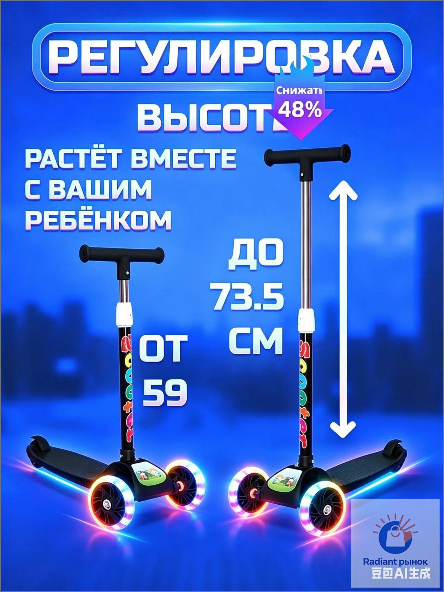 Самокат трехколесный, черный
