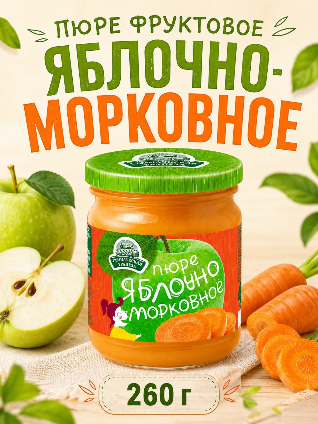 Пюре натуральное фруктовое с сахаром Яблочно-морковное 260 грамм, 1 банка