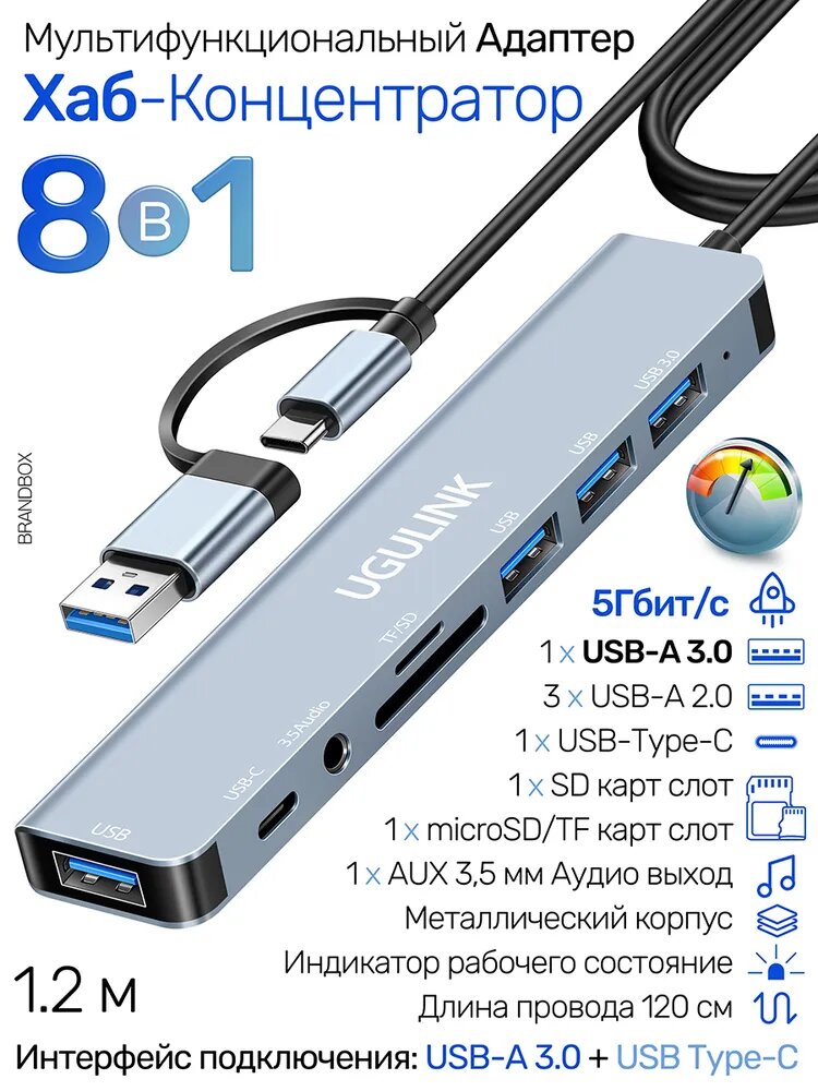 Хаб концентратор + Картридер 8 в 1, Хаб для компьютера USB-A 3.0 + Type-C интерфейс, USB 3.0/ 2.0; USB-C; AUX 3.5 мм; SD/TF карт слот, 1.2 м Ugulink WG-2024, металлический